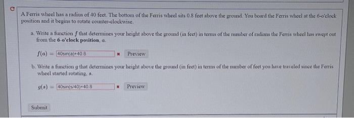 Solved A Ferris wheel has a radius of 40 feet. The bottom of | Chegg.com
