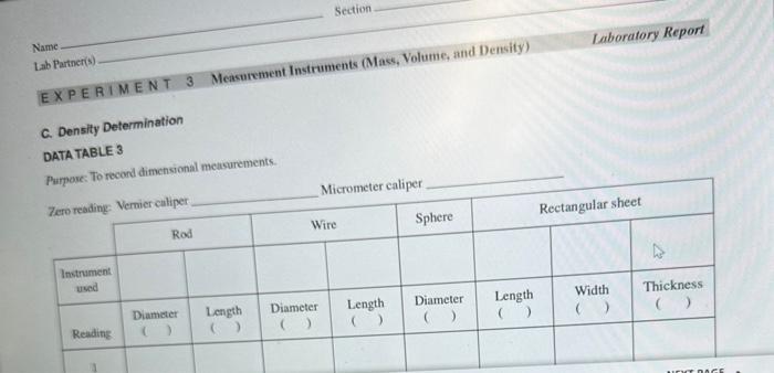 DATA TABLE 4 Name Lab Partner(s) EXPERIM E N T 3 | Chegg.com