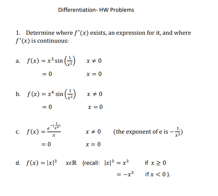 Solved Differentiation- HW ﻿ProblemsDetermine where f'(x) | Chegg.com