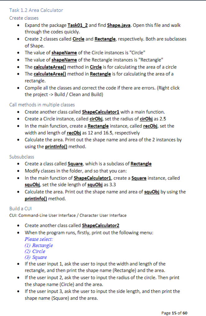 Solved Task 1.2 ﻿Area CTask 1.2 ﻿Area CalculatorTask 1.2 | Chegg.com