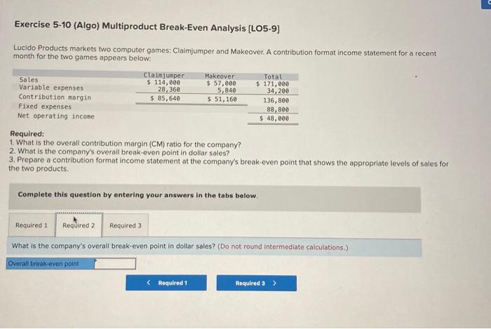 Solved Exercise 5-10 (Algo) Multiproduct Break-Even Analysis | Chegg.com