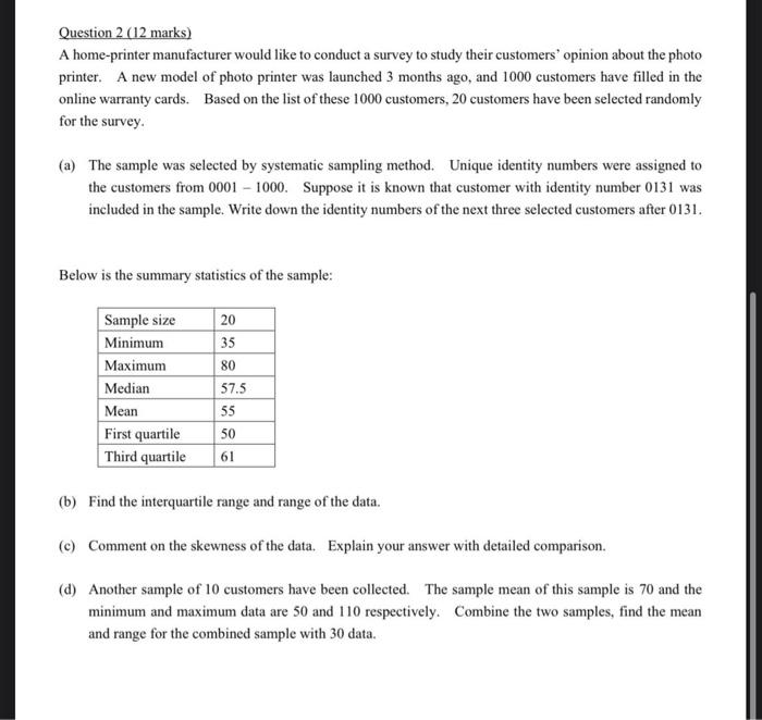 Solved Question 2 ( 12 marks) A home-printer manufacturer | Chegg.com