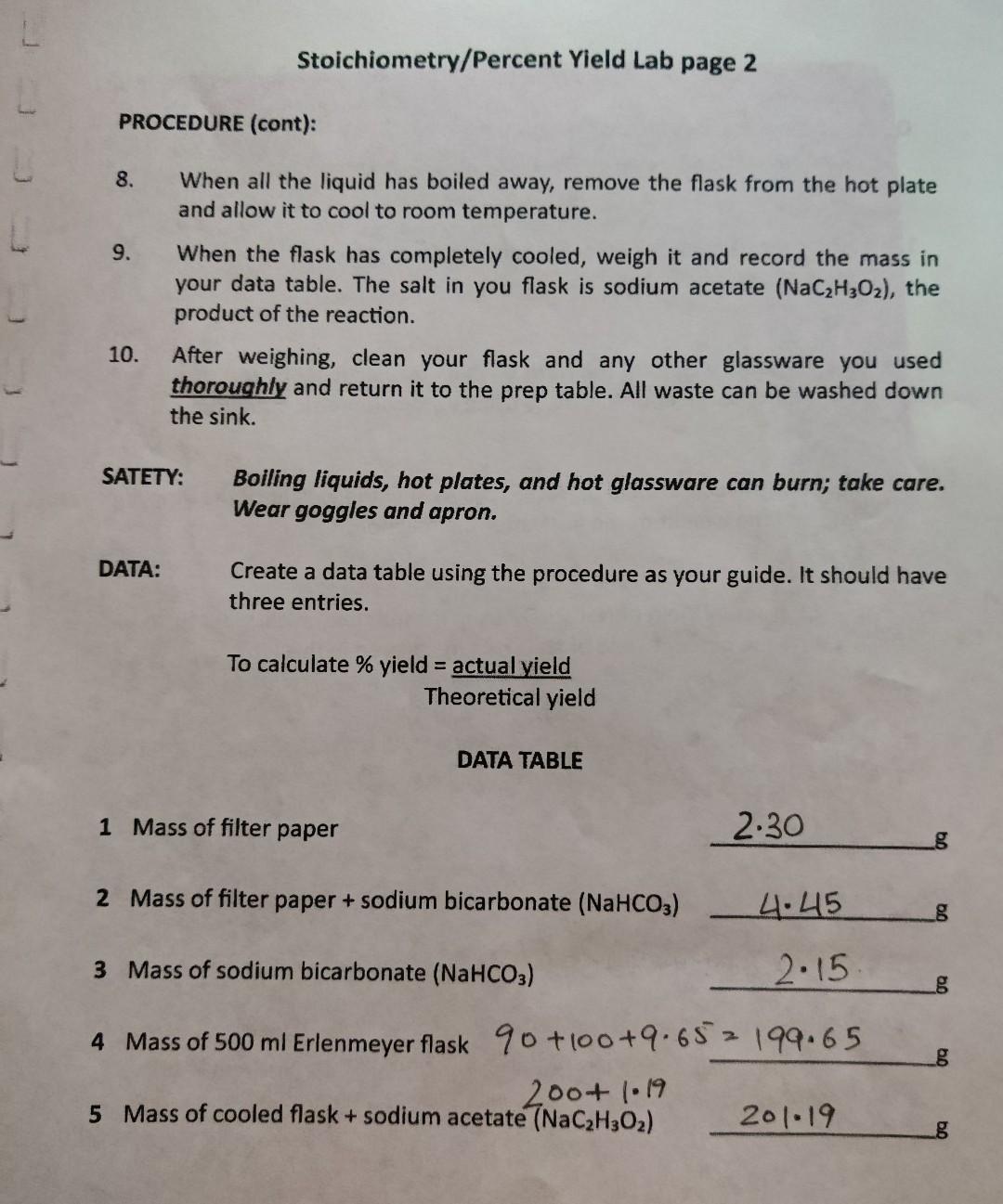 Solved Stoichiometry/Percent Yield Lab page 2 PROCEDURE | Chegg.com