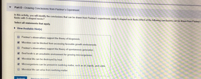Solved Part D- Drawing Conclusions from Pasteur's Experiment | Chegg.com