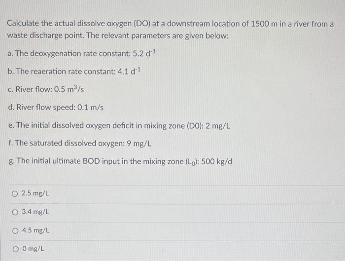 Solved Calculate the actual dissolve oxygen (DO) at a | Chegg.com