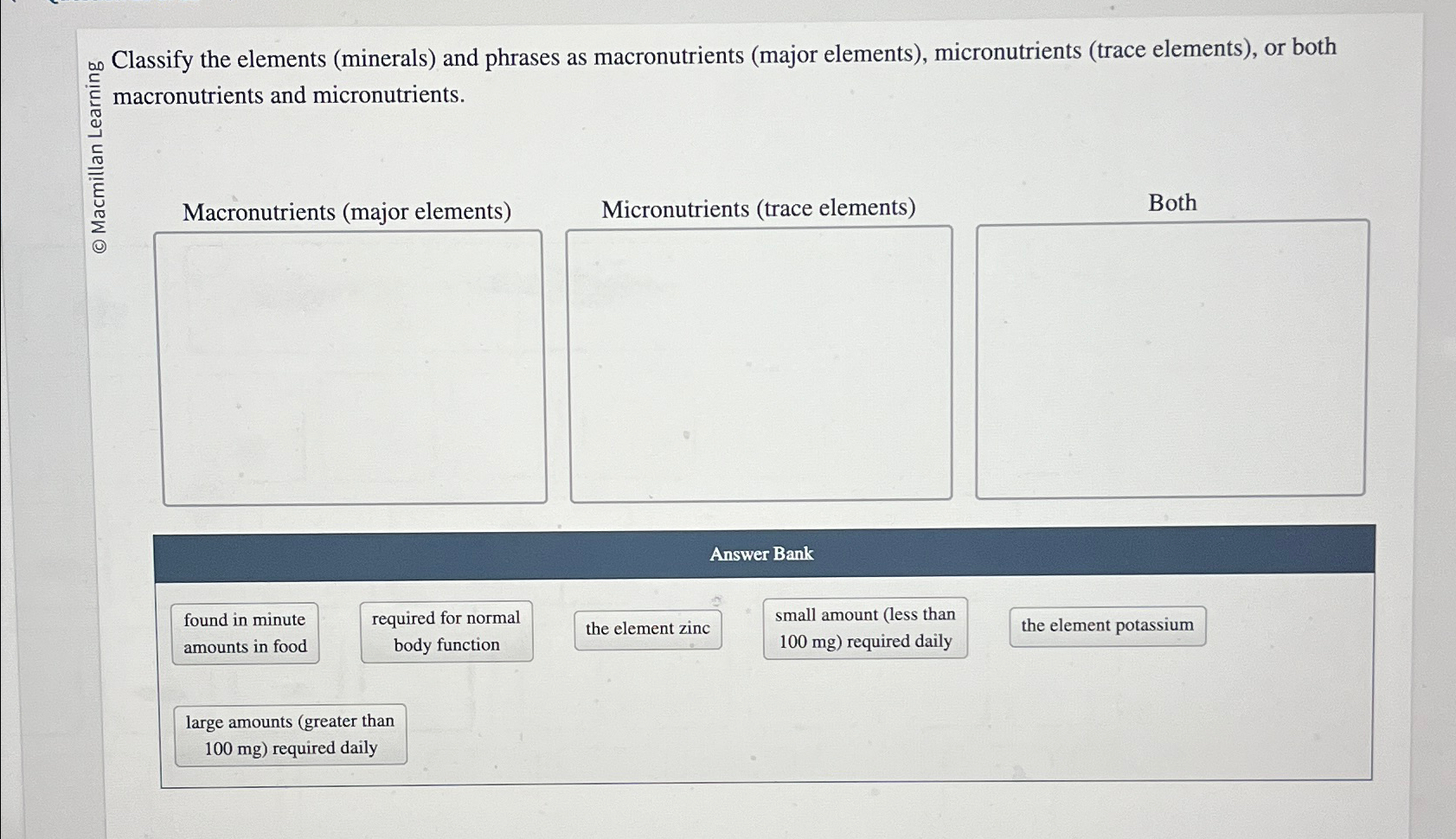 Solved ?00 ﻿Classify the elements (minerals) ﻿and phrases as | Chegg.com