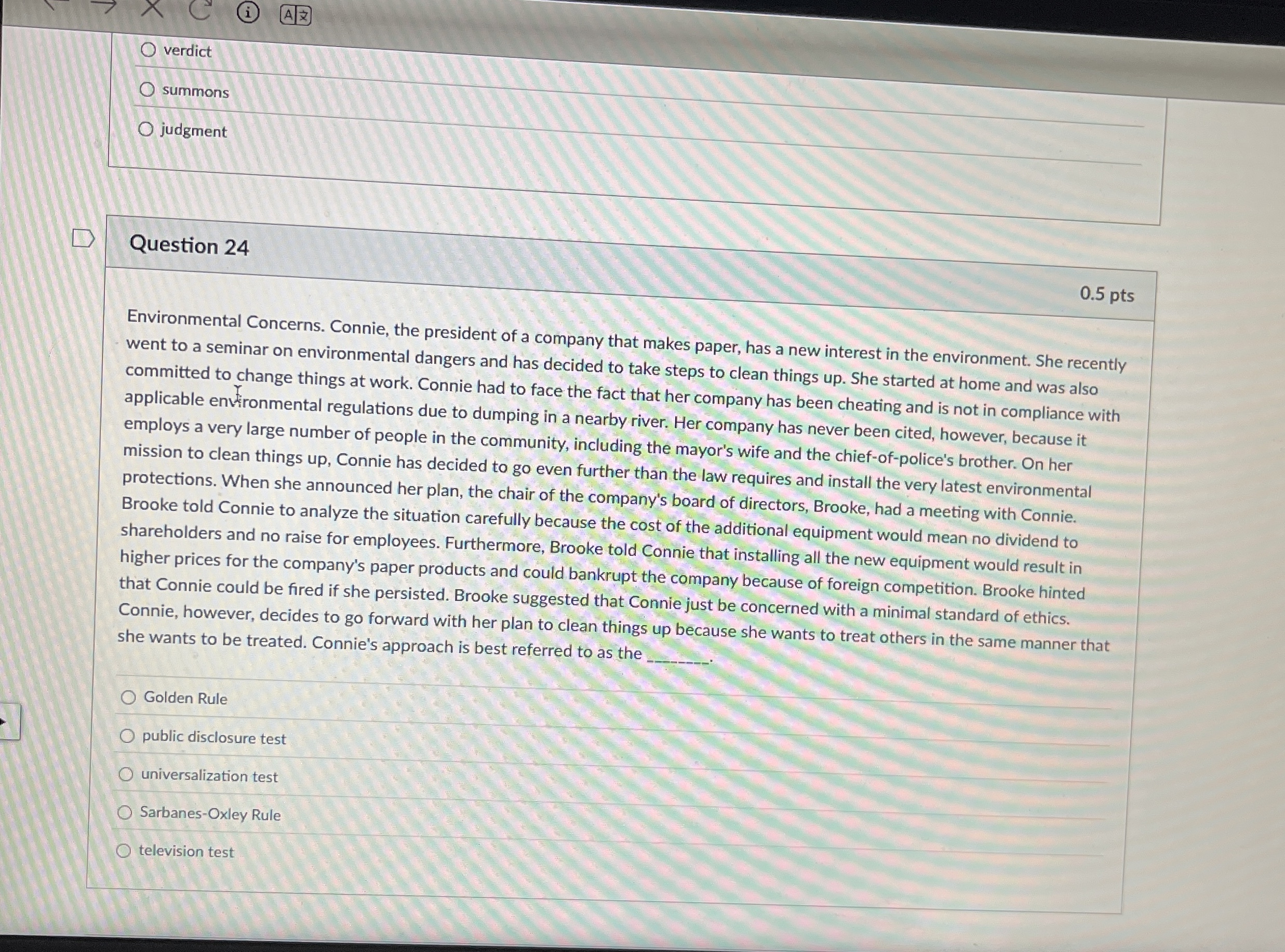 Solved Question 24Environmental Concerns. Connie, the | Chegg.com