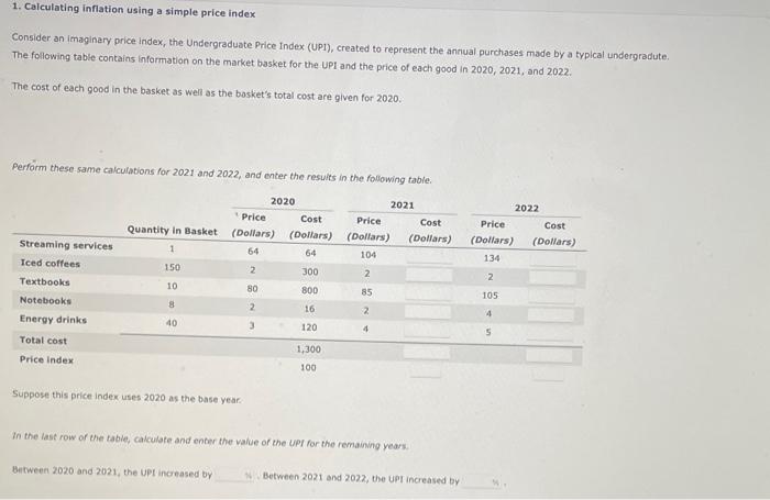 Solved 1. Calculating infiation using a simple price index | Chegg.com
