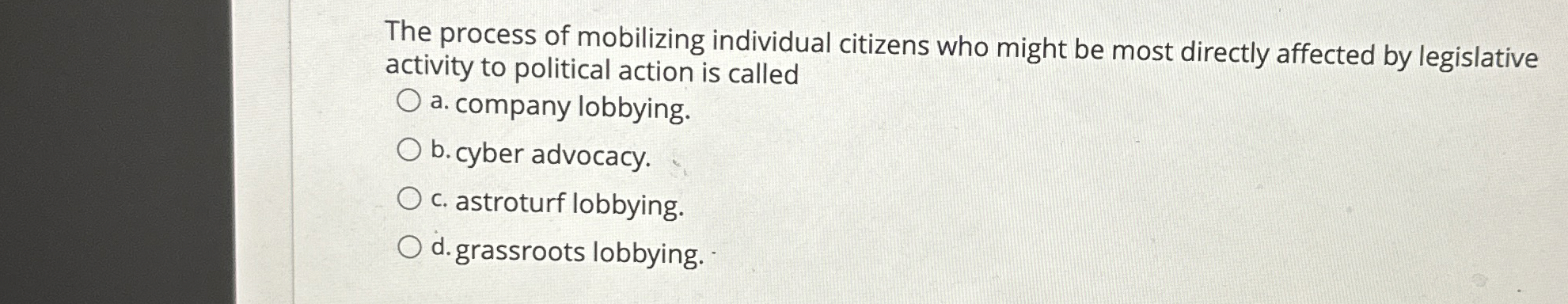 Solved The process of mobilizing individual citizens who | Chegg.com