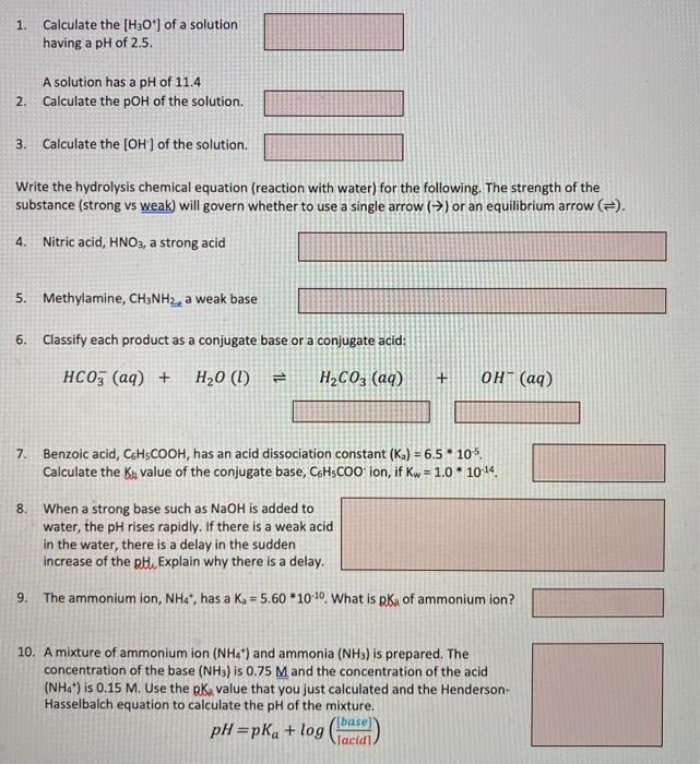 Solved 1. Calculate the [H3O+] of a solution having a pH of | Chegg.com