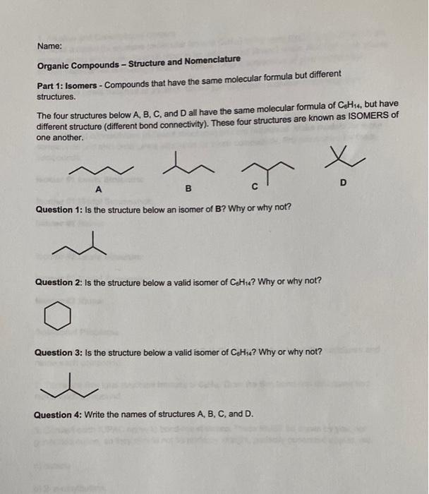 Solved Name: Organic Compounds - Structure and Nomenclature | Chegg.com