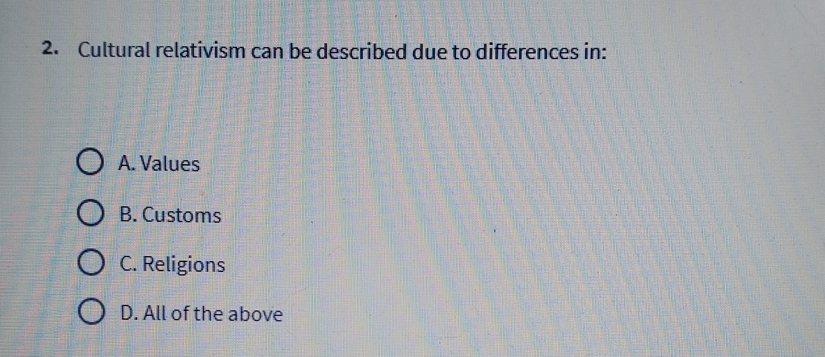 Solved Cultural relativism can be described due to | Chegg.com