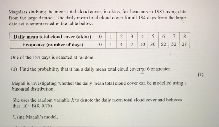 Solved Magali is studying the mean total cloud cover, in | Chegg.com
