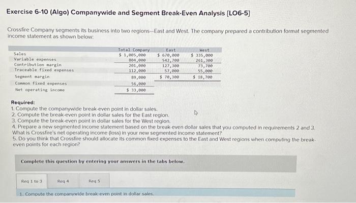 Solved Exercise 6-10 (Algo) Companywide and Segment | Chegg.com