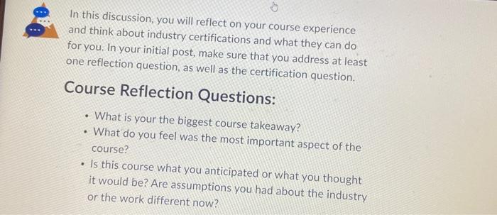 Solved In this discussion, you will reflect on your course | Chegg.com