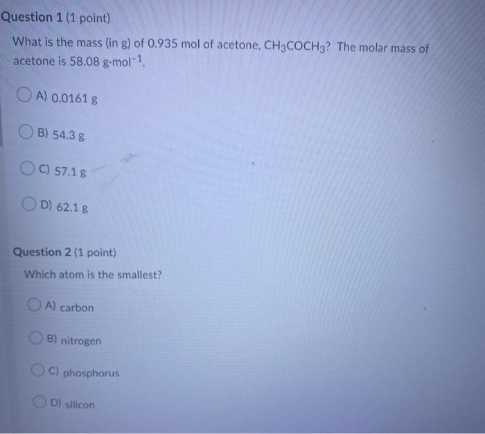 Solved Question 1 (1 point) What is the mass (in g) of 0.935 | Chegg.com