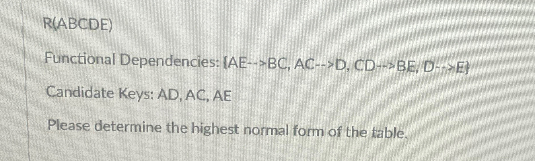 Solved R(ABCDE)Functional Dependencies: | Chegg.com