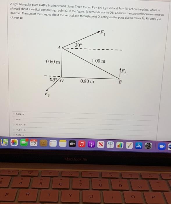 Solved A light triangular plate OAB is in a horizontal | Chegg.com