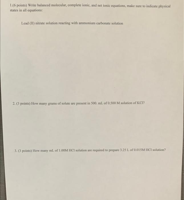 Solved 1.(6 points) Write balanced molecular, complete | Chegg.com