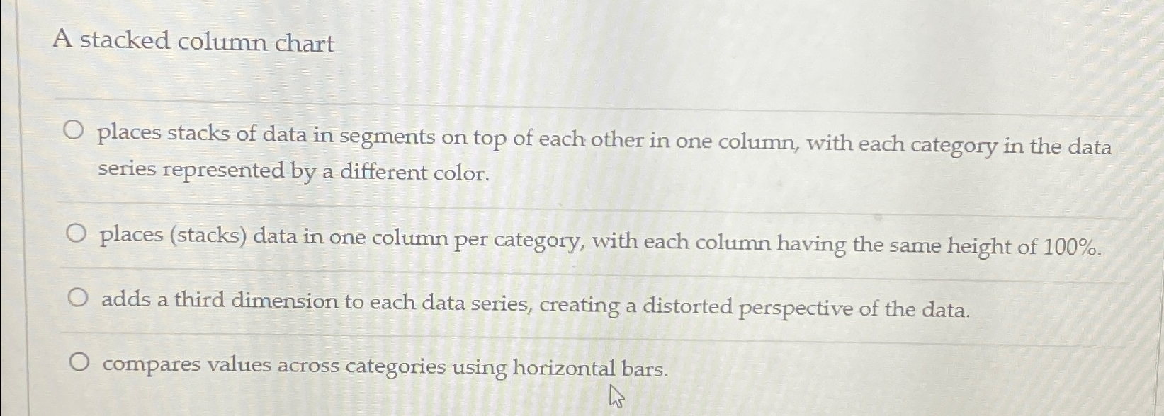 Solved A stacked column chartplaces stacks of data in | Chegg.com