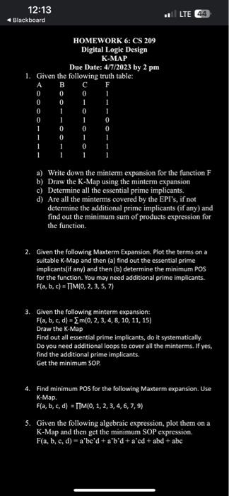 Solved A Write Down The Minterm Expansion For The Function 
