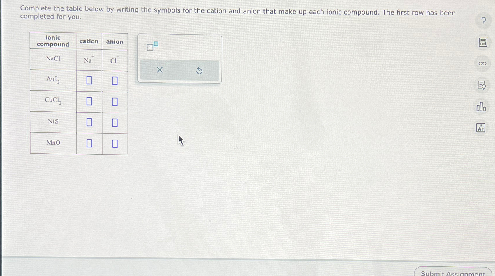 Solved Complete the table below by writing the symbols for | Chegg.com