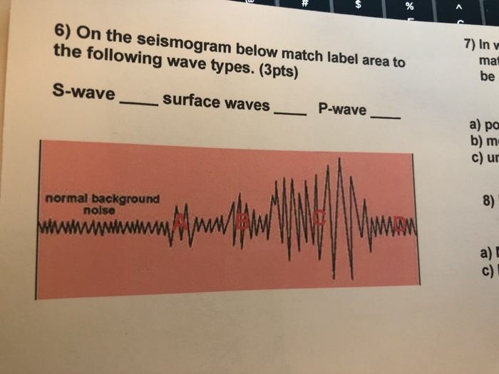 Solved 6) On the seismogram below match label area to the | Chegg.com
