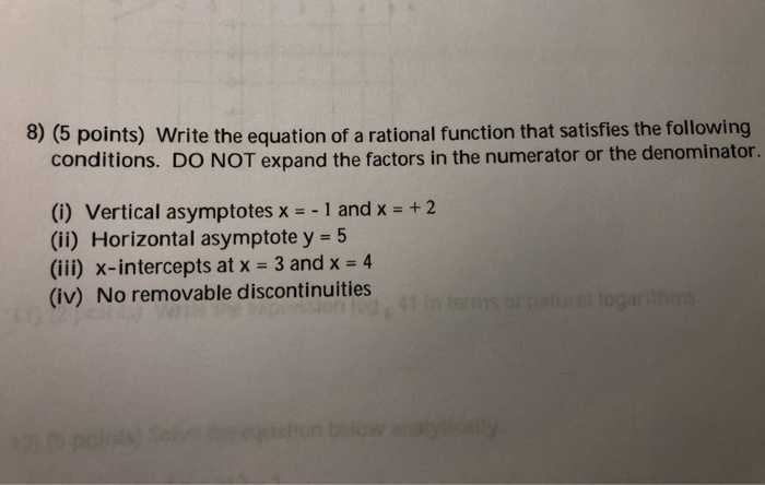 Solved 8) (5 points) Write the equation of a rational | Chegg.com