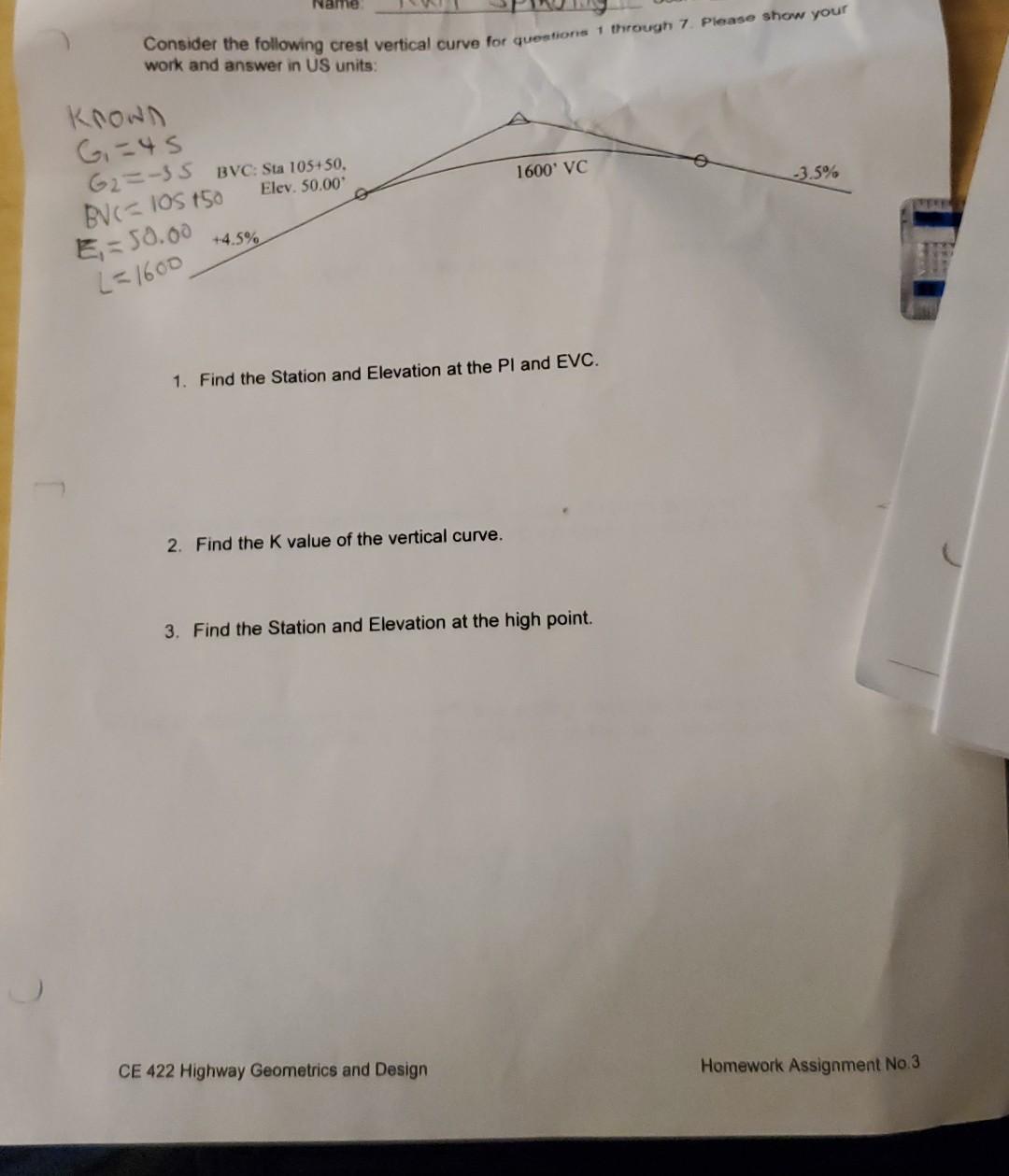 Solved Consider the following crest vertical curve for | Chegg.com