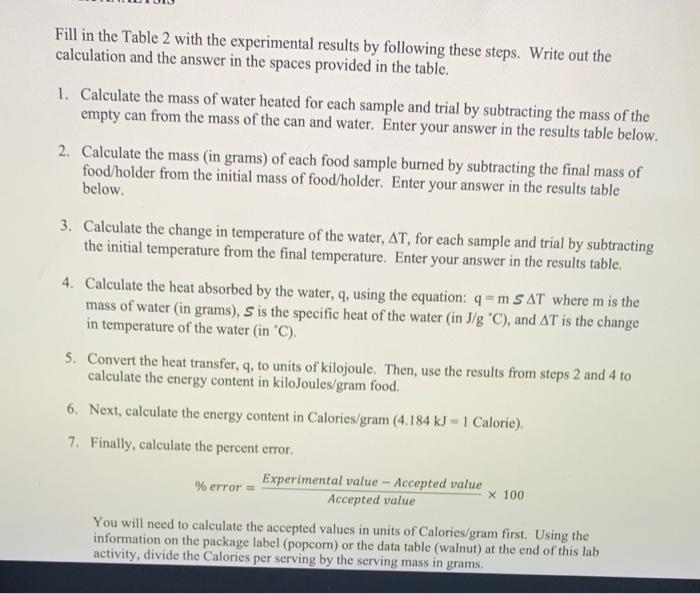 Solved Calorimetry and the Energy Content or Foods Adapted | Chegg.com