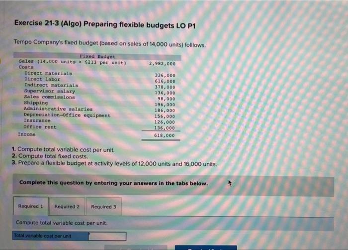 Solved Exercise 21-3 (Algo) Preparing flexible budgets LO P1 | Chegg.com