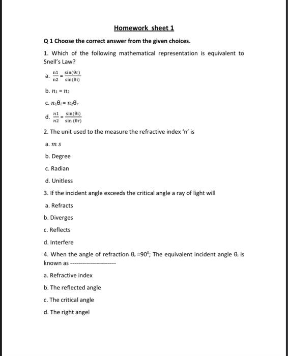 Solved Homework sheet 1 Q1 Choose the correct answer from | Chegg.com