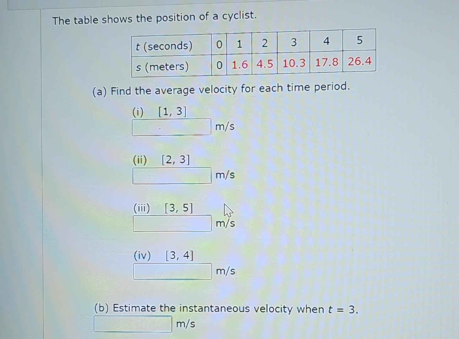 Solved The table shows the position of a cyclist. (a) Find | Chegg.com