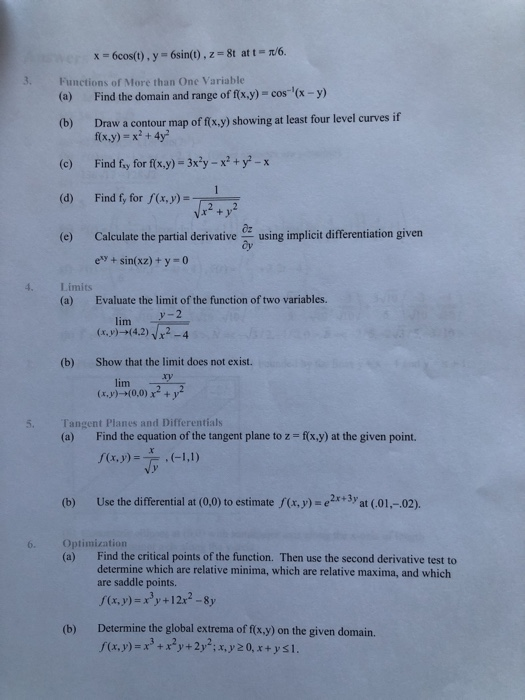 Solved x 6cos(t), y=6sin(t), z- 8t at t=n/6. Functions of | Chegg.com
