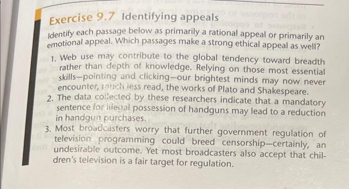 Exercise 9.7 Identifying appeals Identify each | Chegg.com