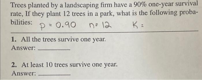 Solved Trees planted by a landscaping firm have a 90% | Chegg.com