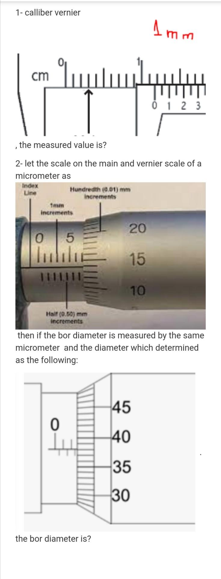 Solved 1- calliber vernier Amm cm سلسليبة 0 1 2 3 , the | Chegg.com