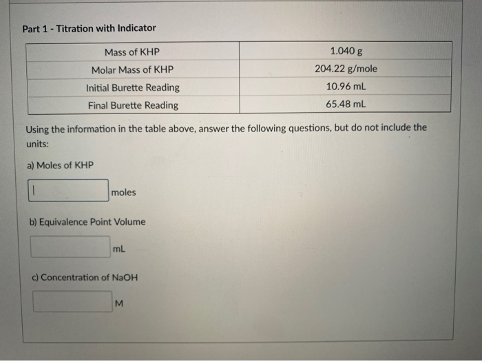 Solved Part 1 - Titration with Indicator Mass of KHP Molar | Chegg.com