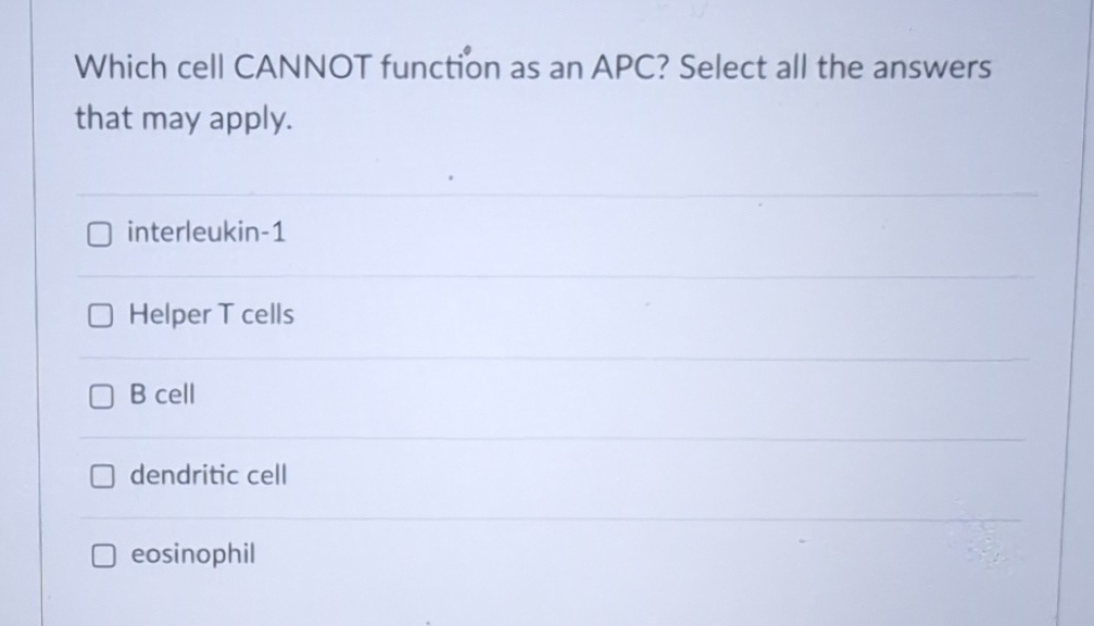 Solved Which cell CANNOT function as an APC? Select all the | Chegg.com
