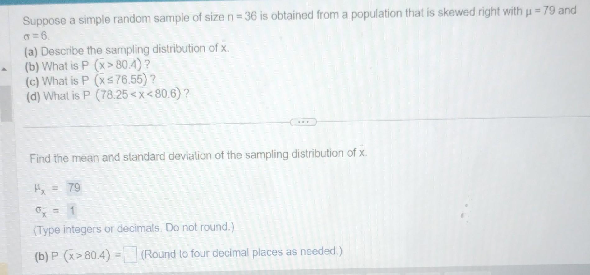 Solved Suppose a simple random sample of size n=36 is | Chegg.com