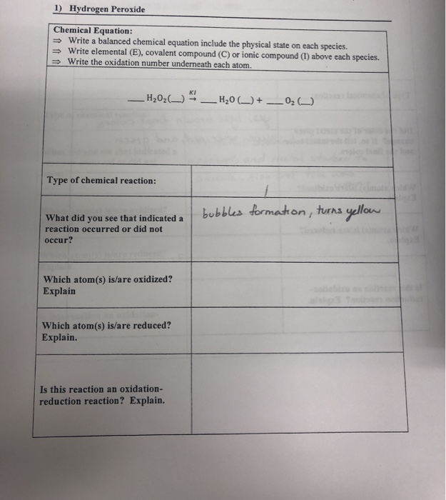 Solved 1) Hydrogen peroxide Chemical Equation: Write a | Chegg.com