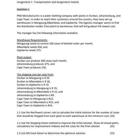 Solved Assignment 1- Transportation and Assignment models | Chegg.com