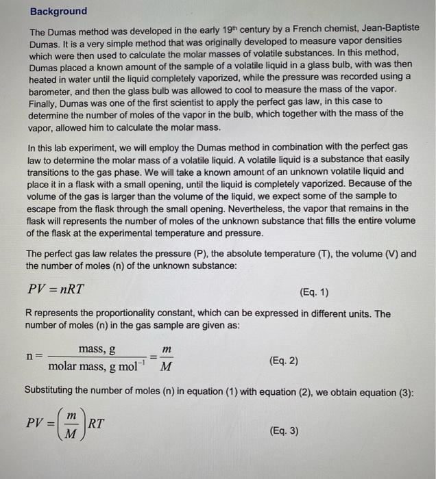 Solved Experiment: Molar Mass Determination of a Volatile | Chegg.com
