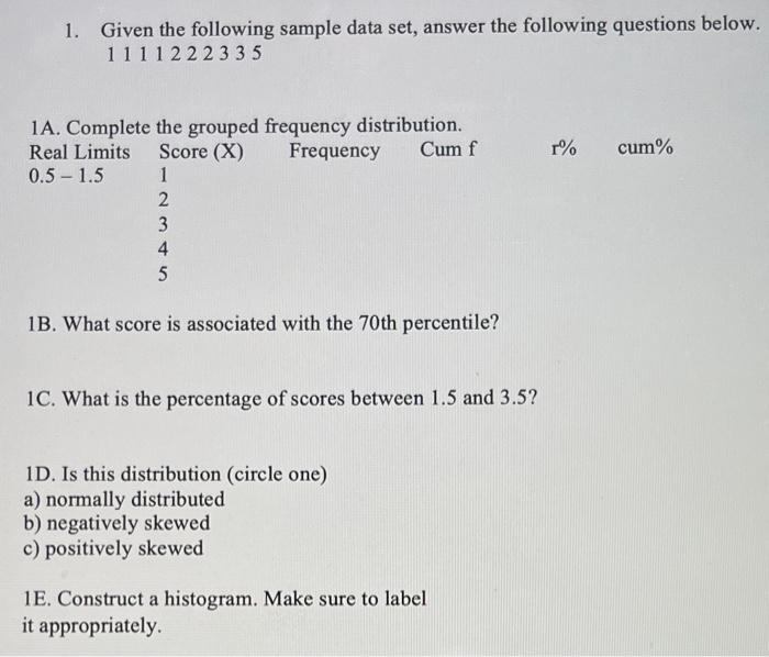 Solved 1. Given the following sample data set, answer the | Chegg.com