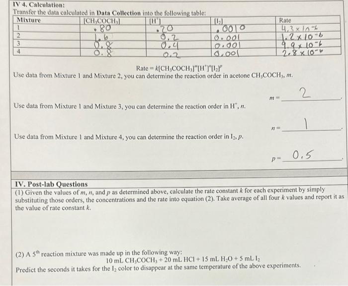 IV 4. Calculation: Transfer the data calculated in | Chegg.com