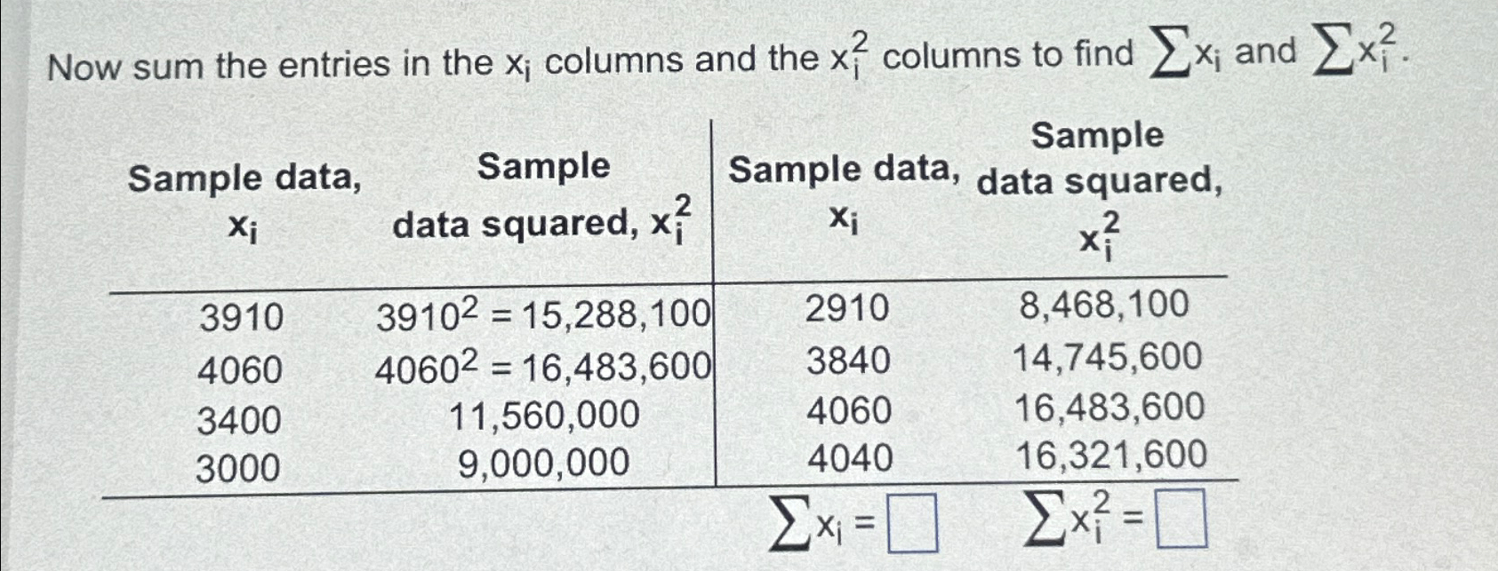 Solved Now sum the entries in the xi ﻿columns and the xi2 | Chegg.com