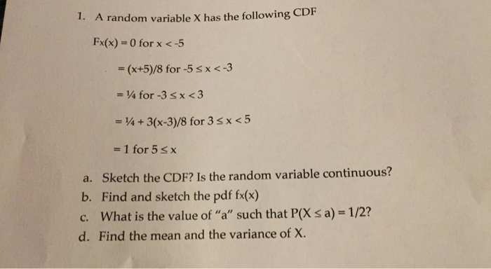 Solved 1. A random variable X has the following CDF Fx(x)=0 | Chegg.com