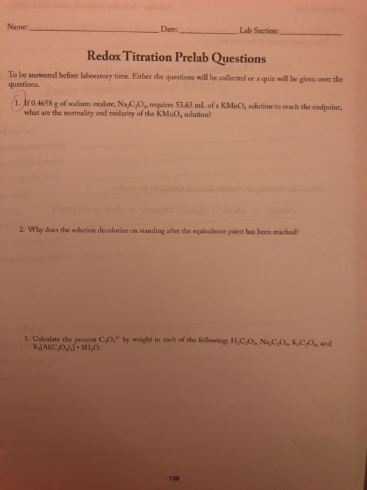 Solved Name: Date: Lab Section: Redox Titration Prelab | Chegg.com