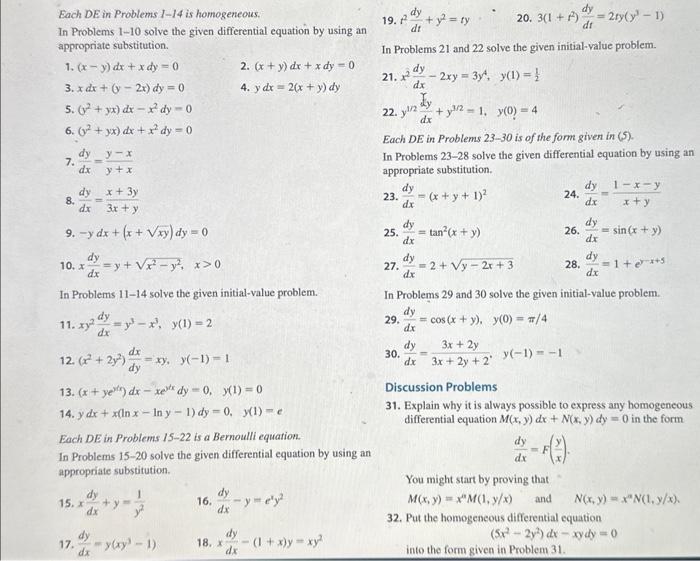 Solved Each DE in Problems 1-14 is homogeneous. In Problems | Chegg.com