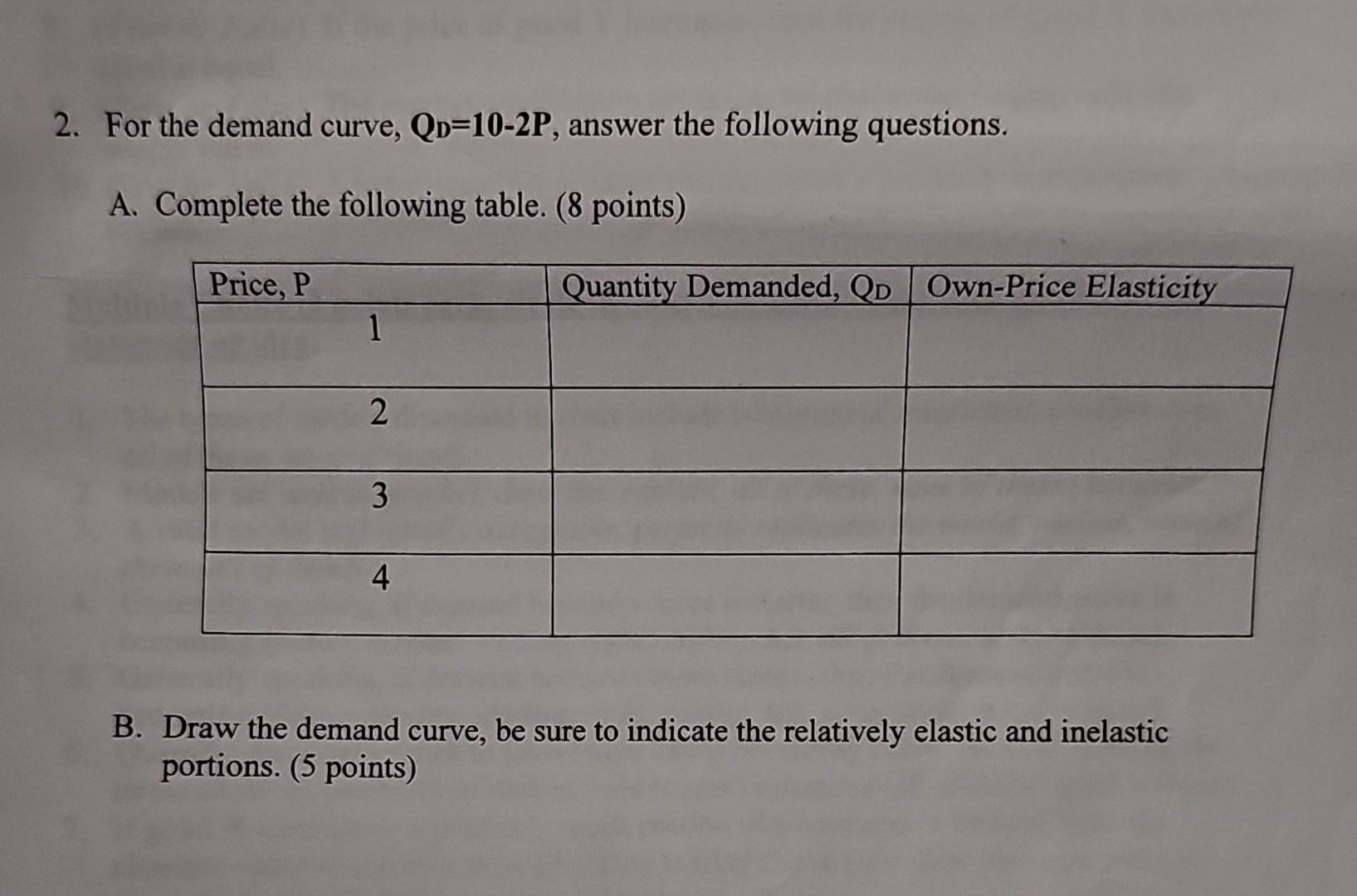 Solved 2. For the demand curve, QD=10−2P, answer the | Chegg.com